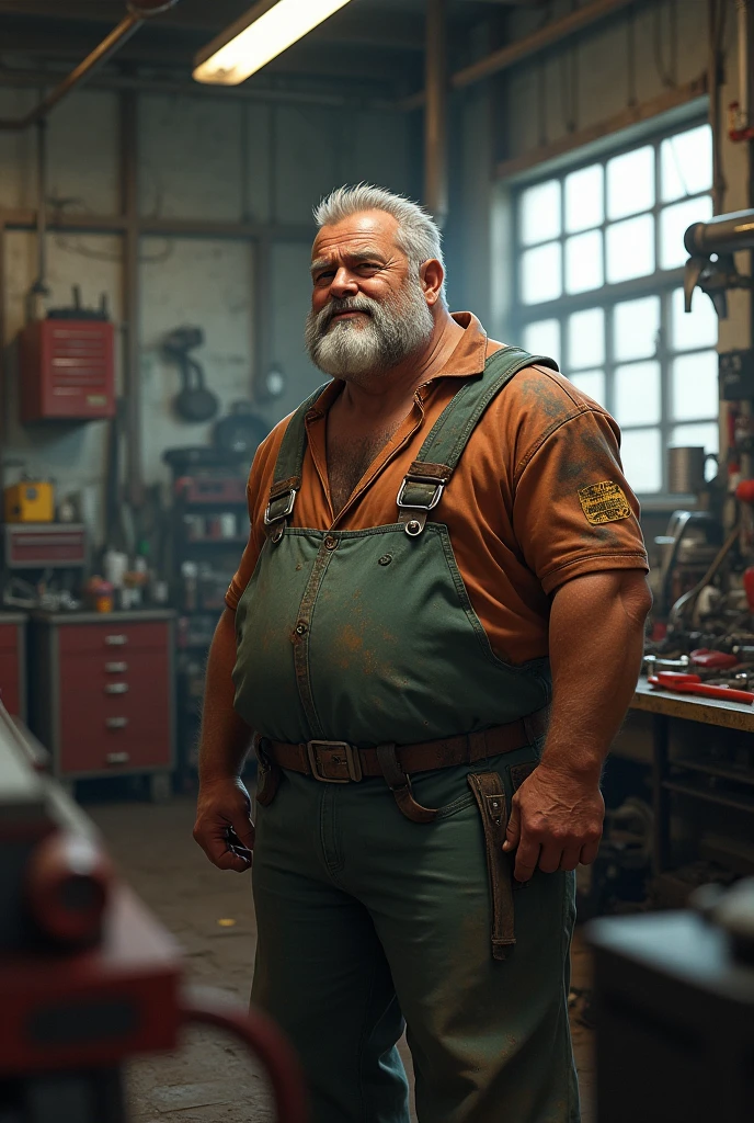 Man over sixty years old, robust, white hair, short beard, mechanic ...