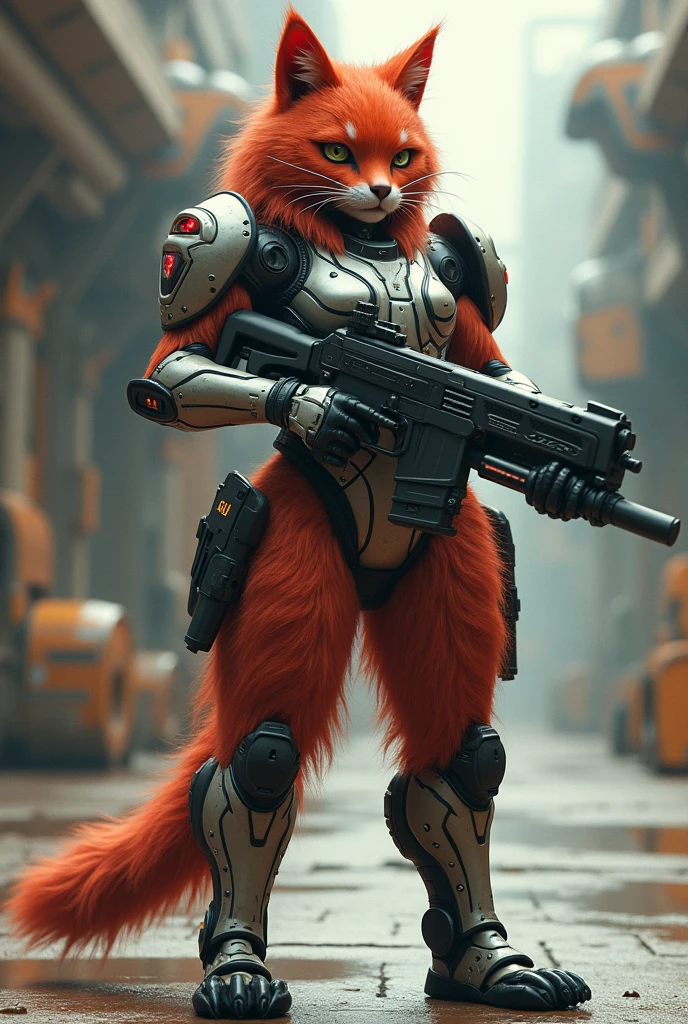 Furry girl cat-like red fur black stripes with a laser rifle in her ...