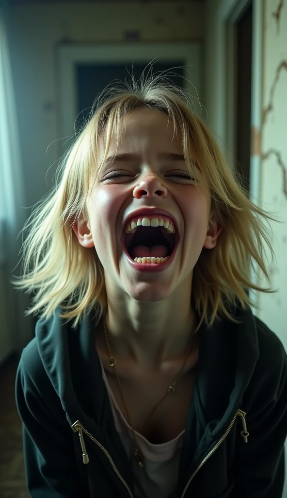 "A hyper-realistic 4K close-up of a age girl with messy, shoulder ...