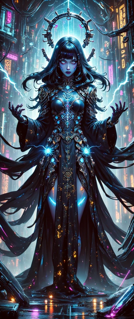 A young witch in cyberpunk style, standing, full body, (masterpiece ...