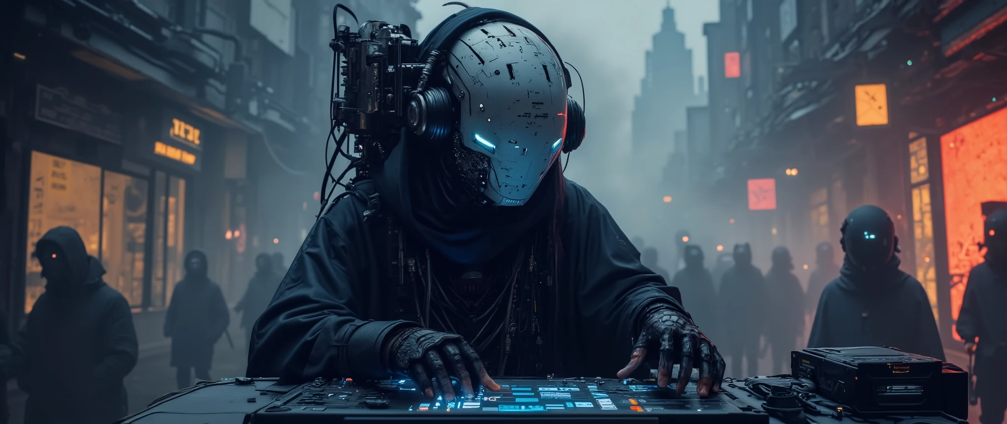 Arafed man in a black hood and headphones playing music on a dj's mixer ...