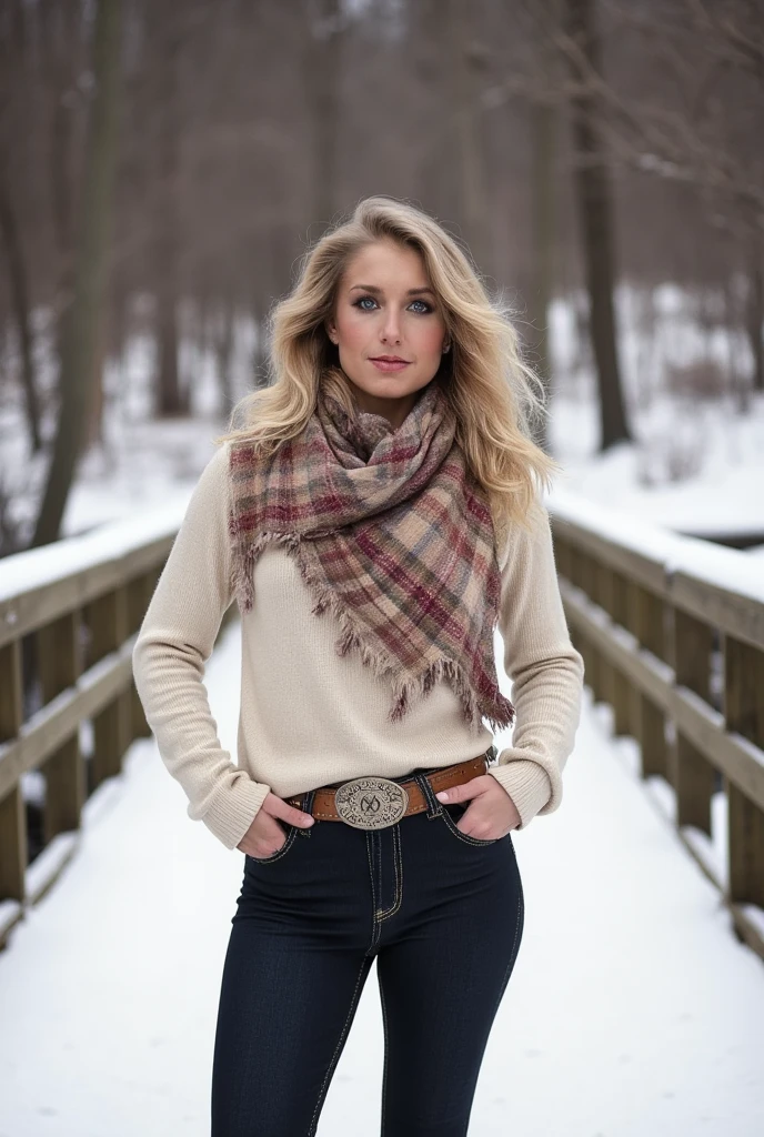A 25-year-old woman is standing on a wooden bridge covered with snow ...