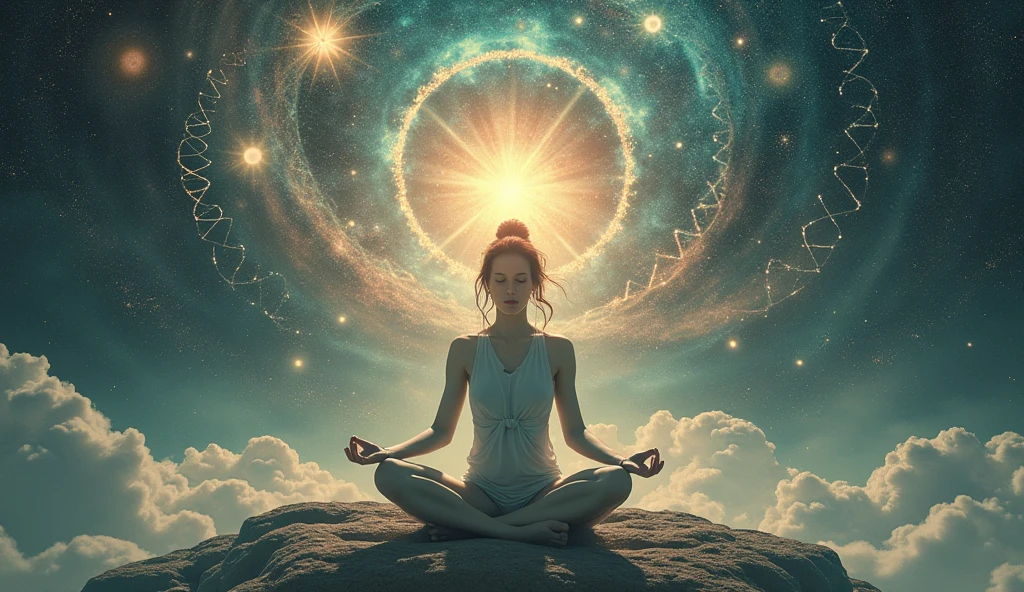 A fusion of science and spirituality, showing a person meditating while ...