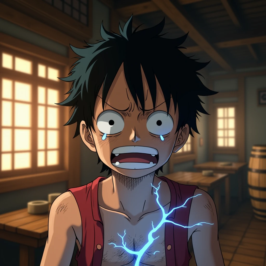 Create a medium close-up anime-style image of Luffy from 'One Piece ...