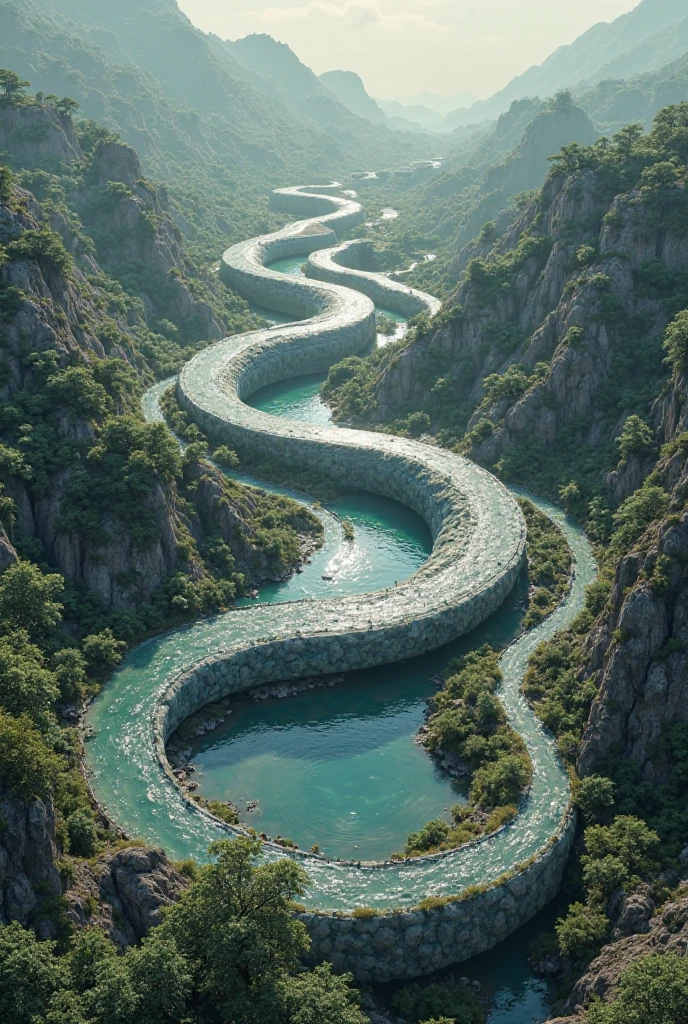 Describe the strange, looping river and how it defies nature - SeaArt AI