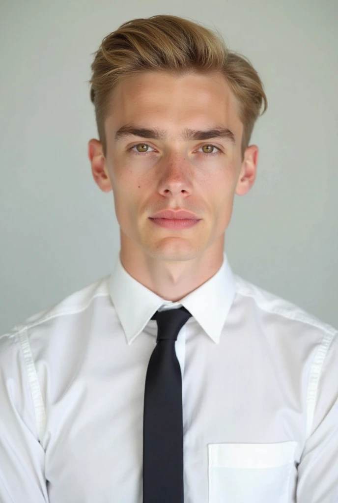 Wear in a white shirt and tie, without a hat. hair color blondie ...