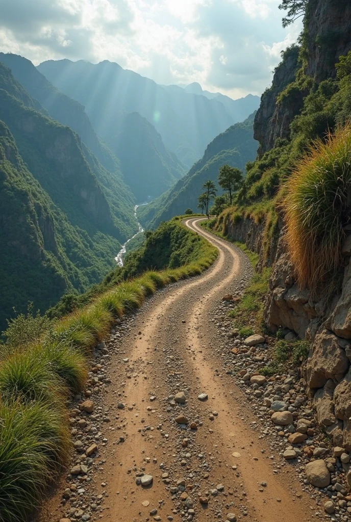 Cinematic portrait, a natural untouched dirt road on a very steep and ...
