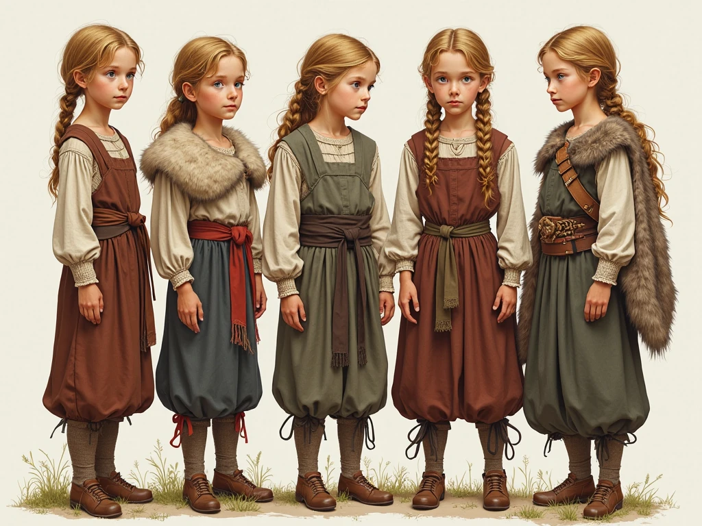 Several young peasant girls from the medieval era. Clothes - SeaArt AI