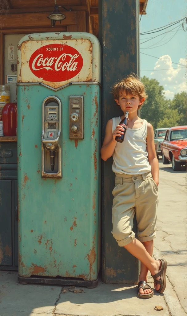 A young boy leaning against a vintage, weathered Coca-Cola soda machine ...