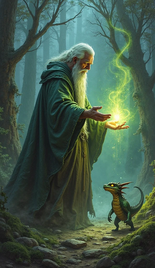 Make a dark image , Of a wizard casting a magic on his little baby ...
