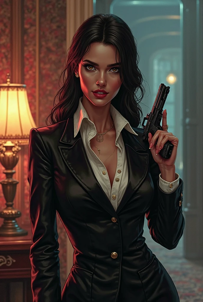 An imposing female mobster, dressed in an elegant, fitted suit - SeaArt AI