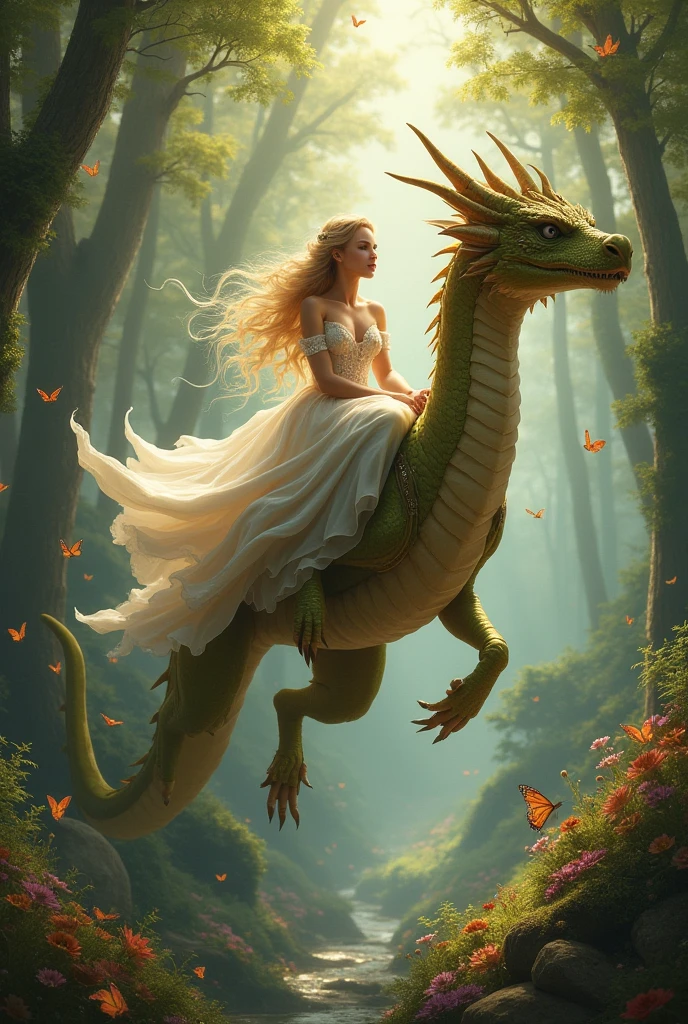 A beautiful princess riding a mythical dragon in a wondrous forest ...
