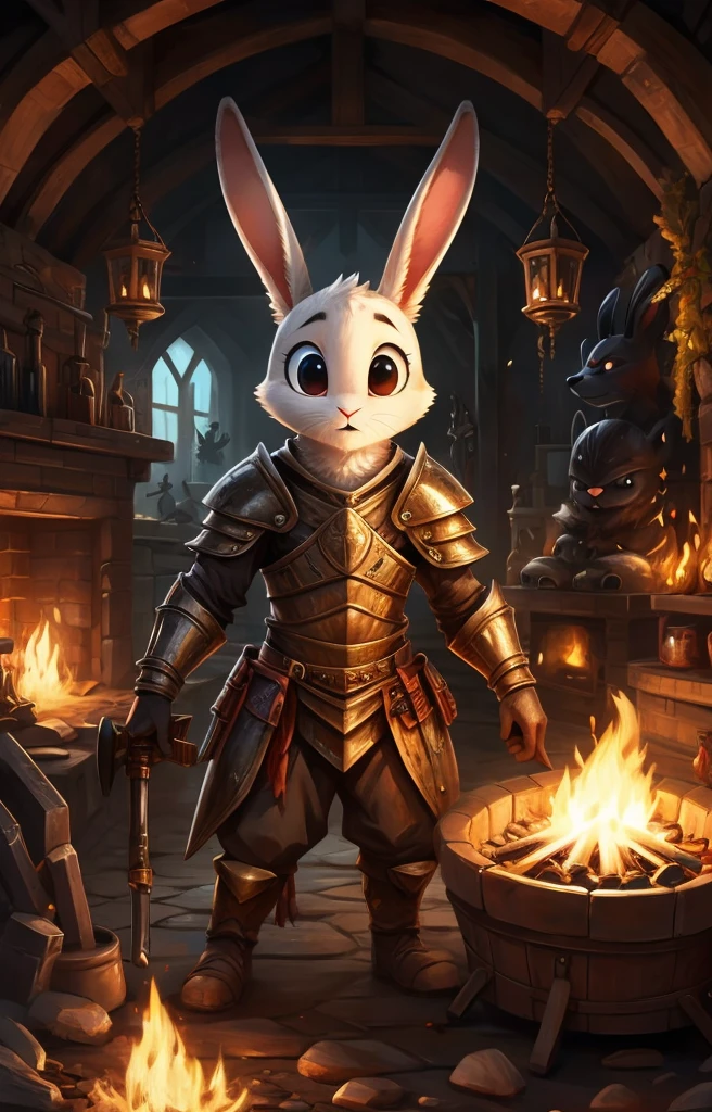 I need a furry bicolor rabbit with droopy ears, with simple rusty armor ...