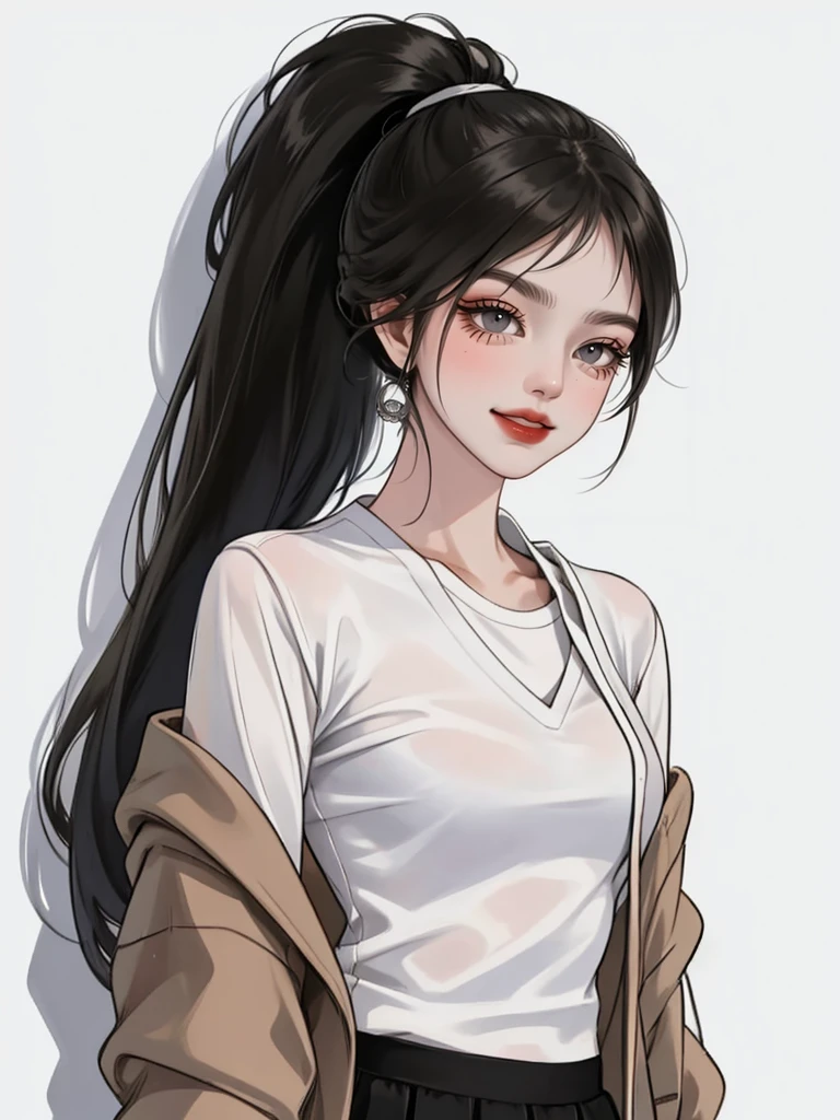 1 girl,black long ponytail,smile friendly,tomboy, wear T-shirt - SeaArt AI