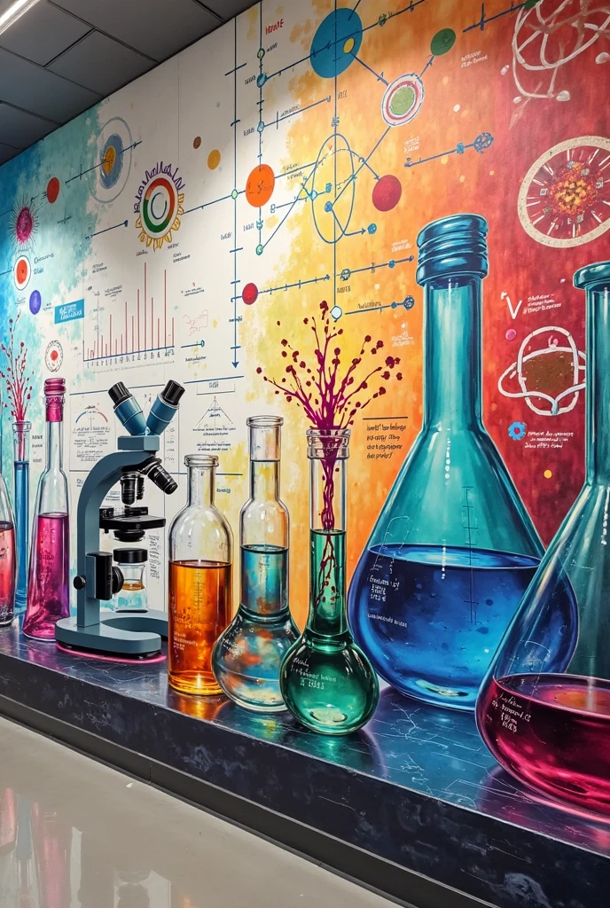 A vibrant and artistic science-themed mural featuring colorful splashes ...