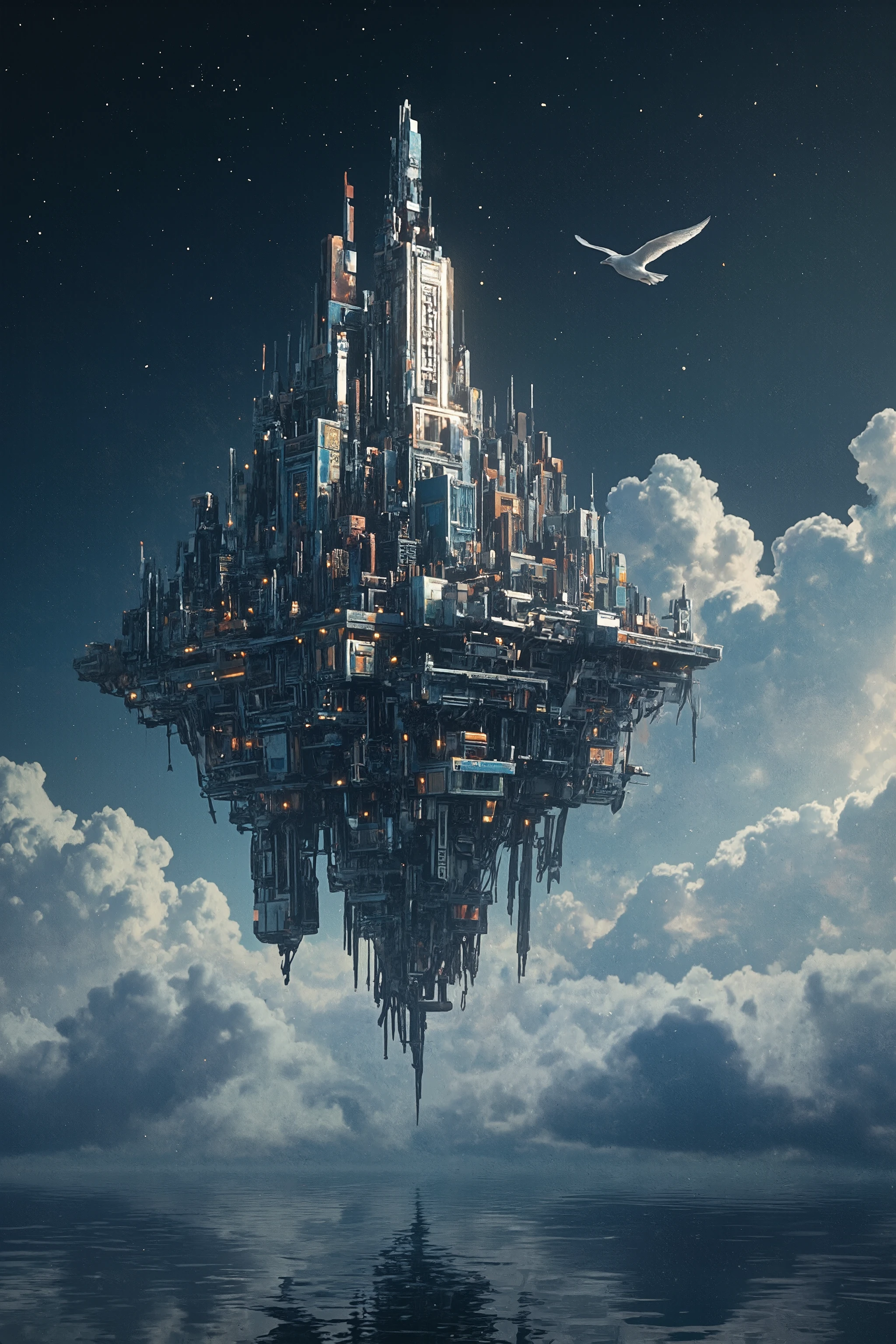 There is a large city floating in the air with a bird flying above ...