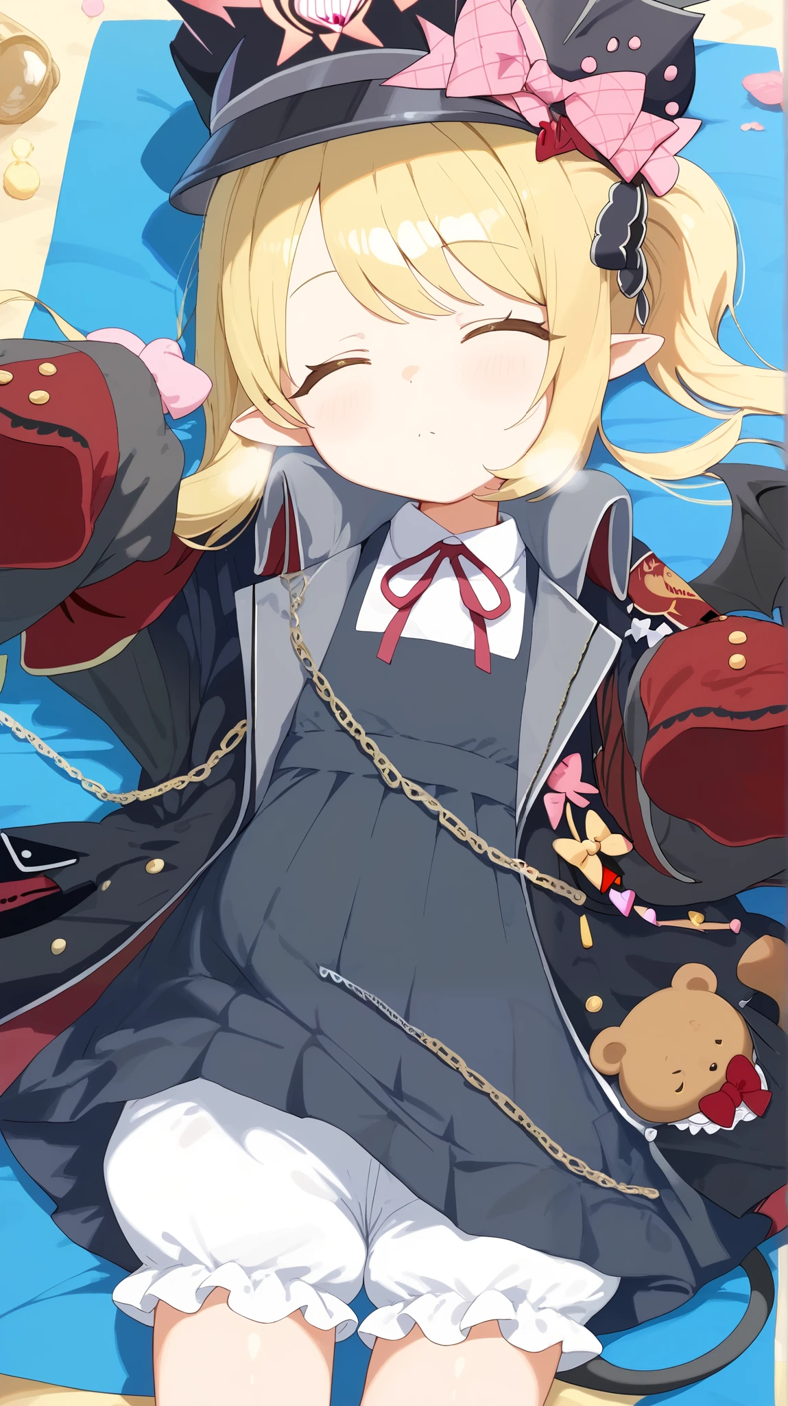 Anime girl laying on a blanket with a teddy bear（ibuki (blue archive ...