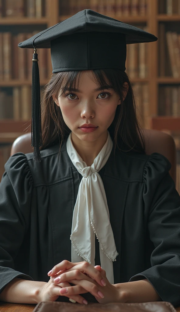 Strict, evil girl, accountant, sits in the judge's Square Academic Cap ...