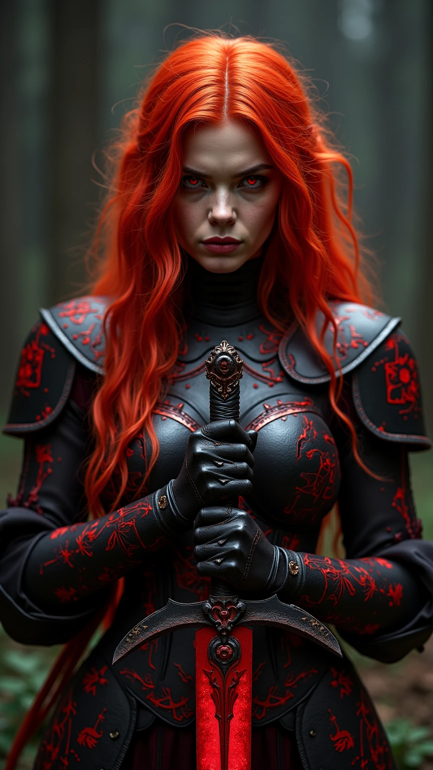A crimson-haired sorceress stands before me, her fiery locks and ...