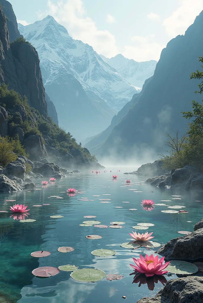 Hot springs inside sacred mountains，there are lotus petals in the hot ...