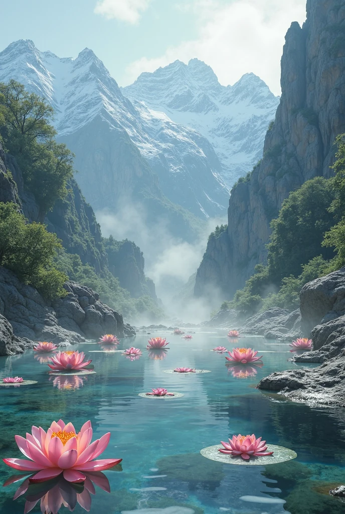 Hot springs inside sacred mountains，there are lotus petals in the hot ...