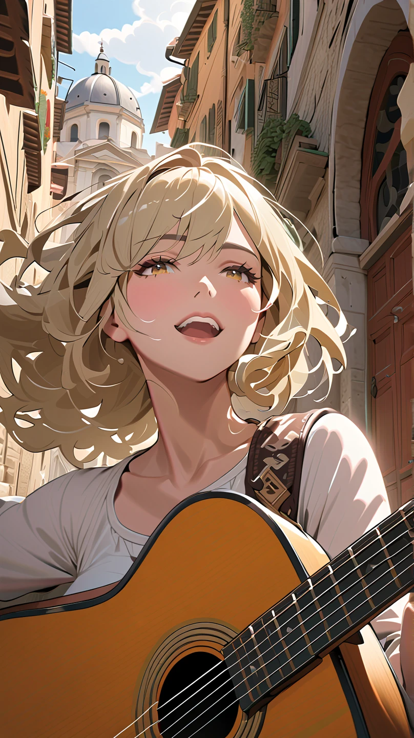 A beautiful blonde Caucasian woman singing intensely while strumming ...