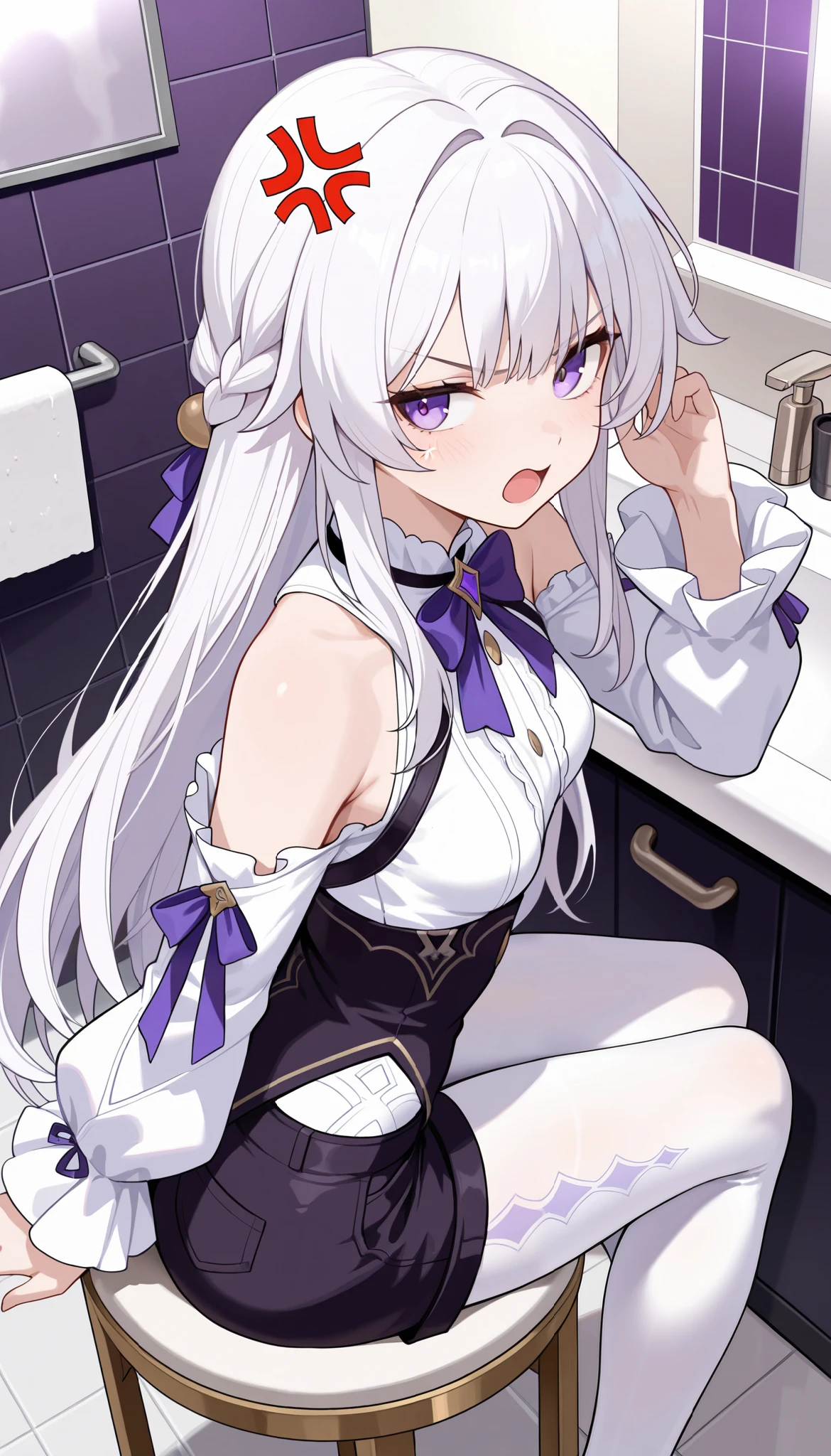 Anime girl sitting on stool in bathroom with sink and mirror - SeaArt AI