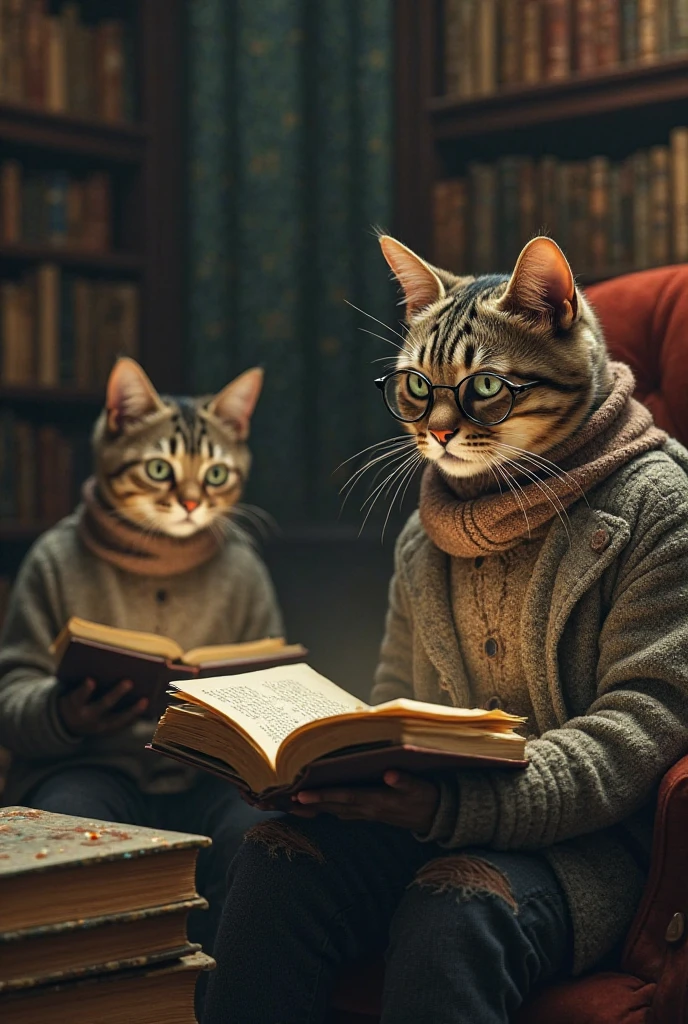 Cats reading books and crying - SeaArt AI