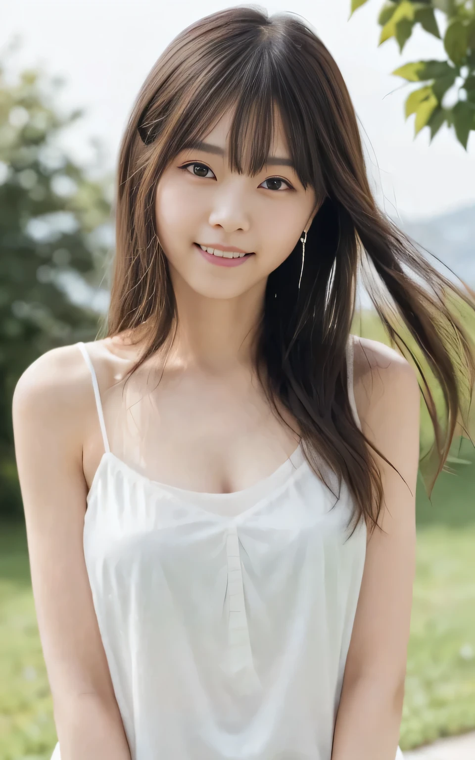 A close up of a woman with long hair wearing a white top - SeaArt AI