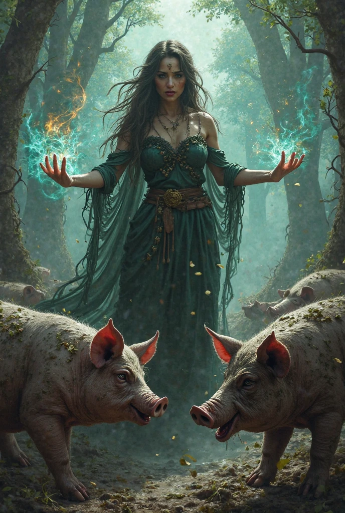 A dark sorceress transforms Odysseus and his men into pigs - SeaArt AI