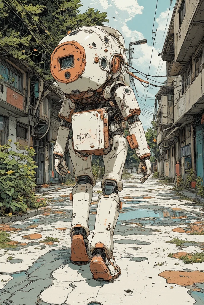 A robot wandering the back alleys of a large, leafy city。The robot can ...
