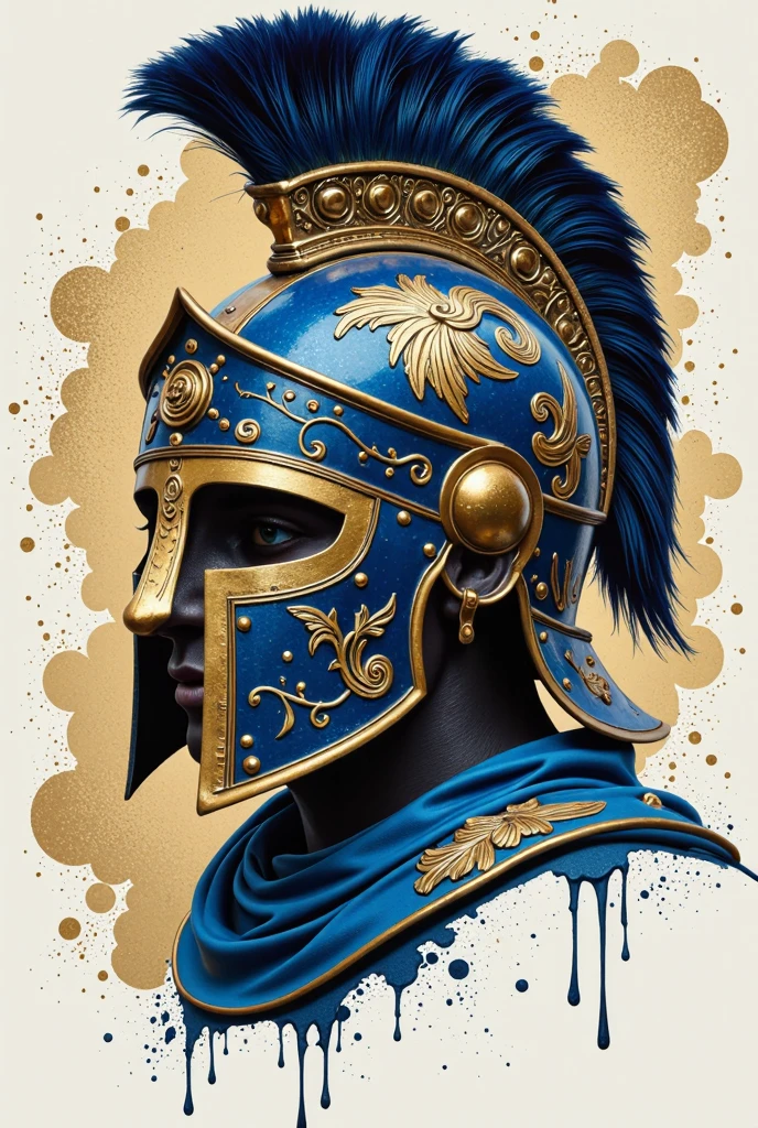 An exquisite, artistic helmet painted in rich hues of blue and gold ...