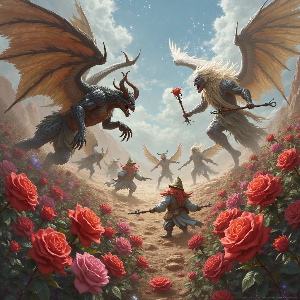 Demons angels and gnomes fighting over roses blooming in the desert ...