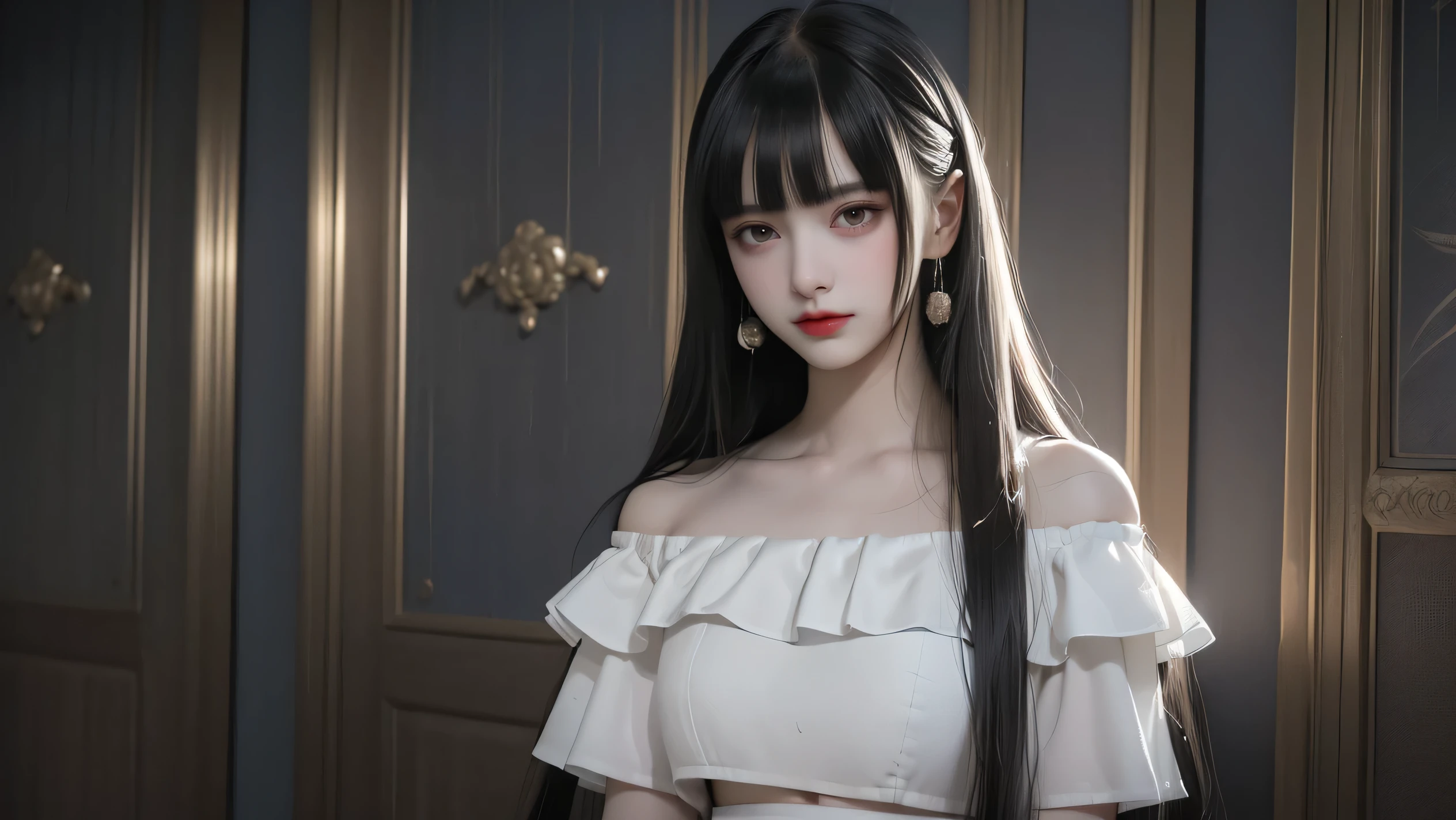 There is a woman with long black hair and a white top - SeaArt AI