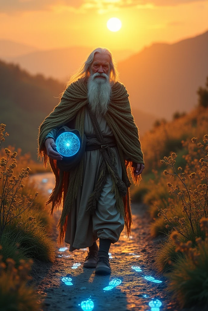 "Create an image showing an old, wise alchemist walking along a winding ...