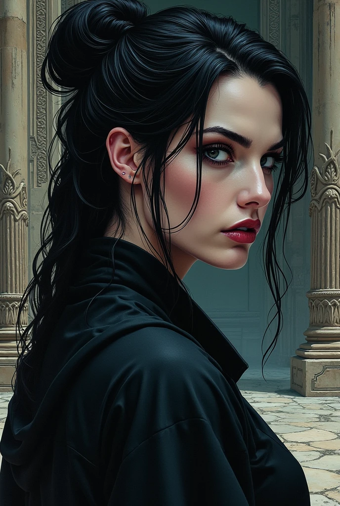 Draw by hand in American comic style a dark lady with a semi - SeaArt AI