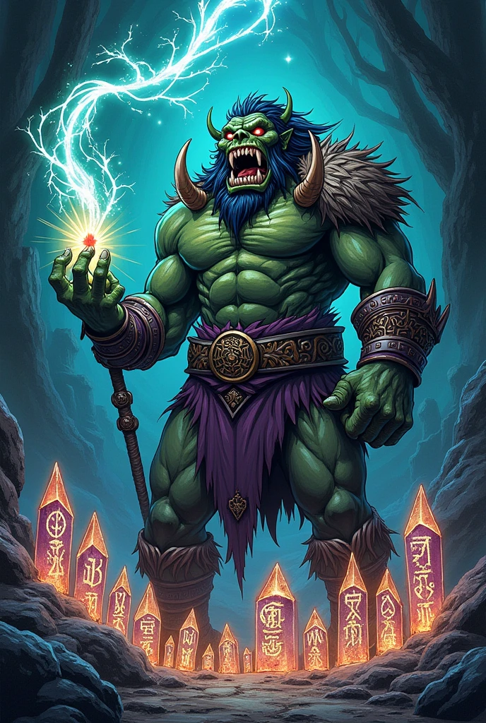 Hand draw an evil orc with crystals of runic symbols floating around ...