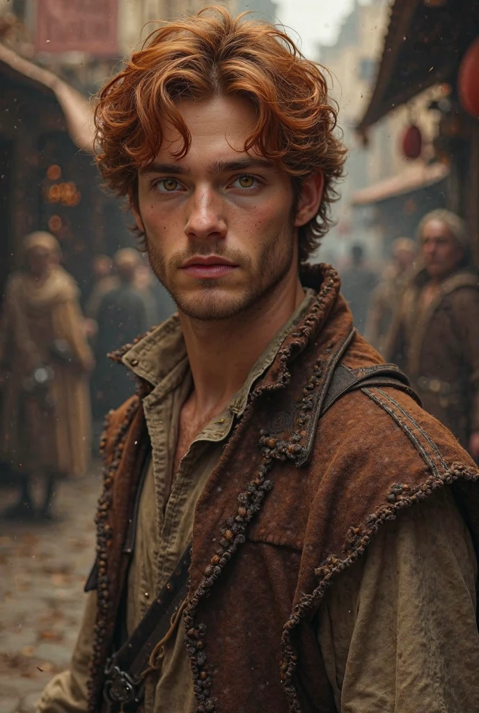 Medieval young man in a brown casual clothes, wavy short auburn hair ...