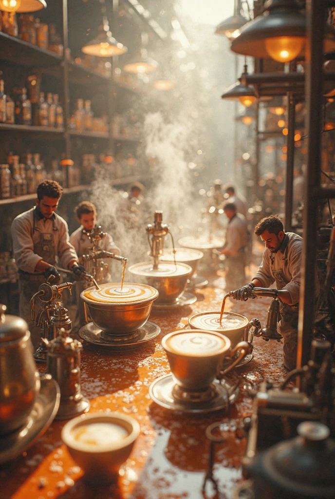 A bustling team of tiny baristas toil over sizzling jugs of milk ...