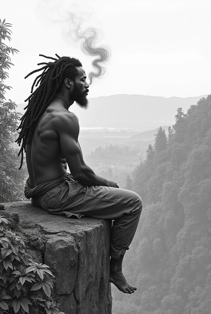 Create a rasta man sitting on a cliff facing the nature and smoking ...