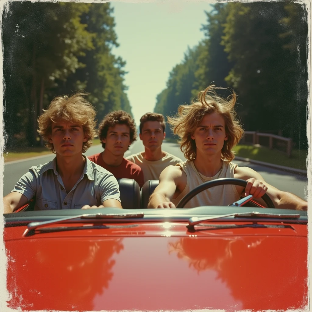 Lateral image of four serious young guys driving a red car without roof ...
