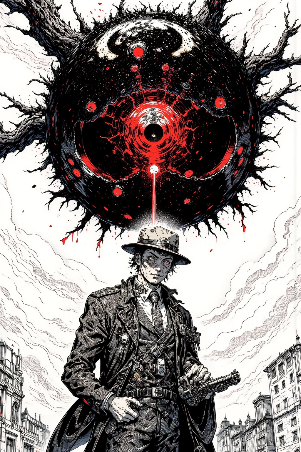 There is a black hairy sphere in the sky,there is a red monocular in ...