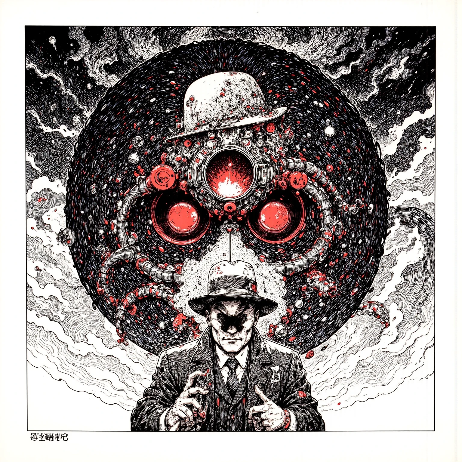 There is a black hairy sphere in the sky,there is a red monocular in ...