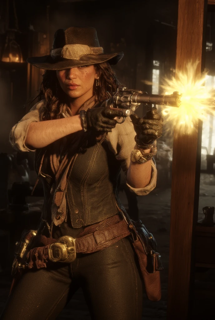 A fierce very beautiful, gorgeous Mexican outlaw woman stands in a ...