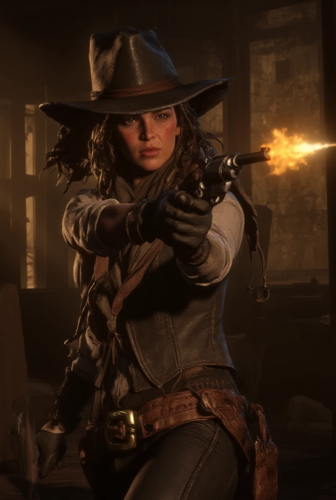 A fierce Mexican outlaw woman stands in a dimly lit saloon, aiming a ...