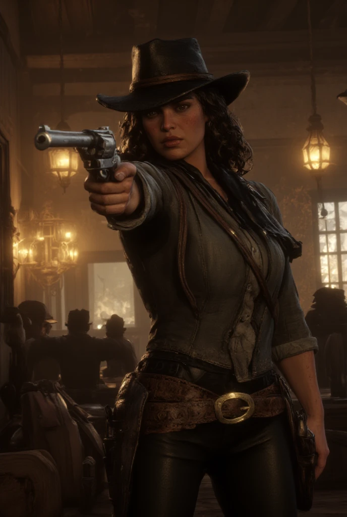 A fierce Mexican outlaw woman stands in a dimly lit saloon, aiming a ...
