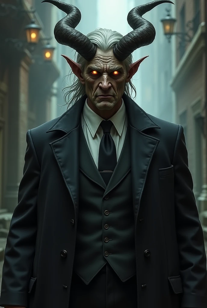 Gray-haired in the dnd universe, Demon Horned, yellow-red eyed - SeaArt AI