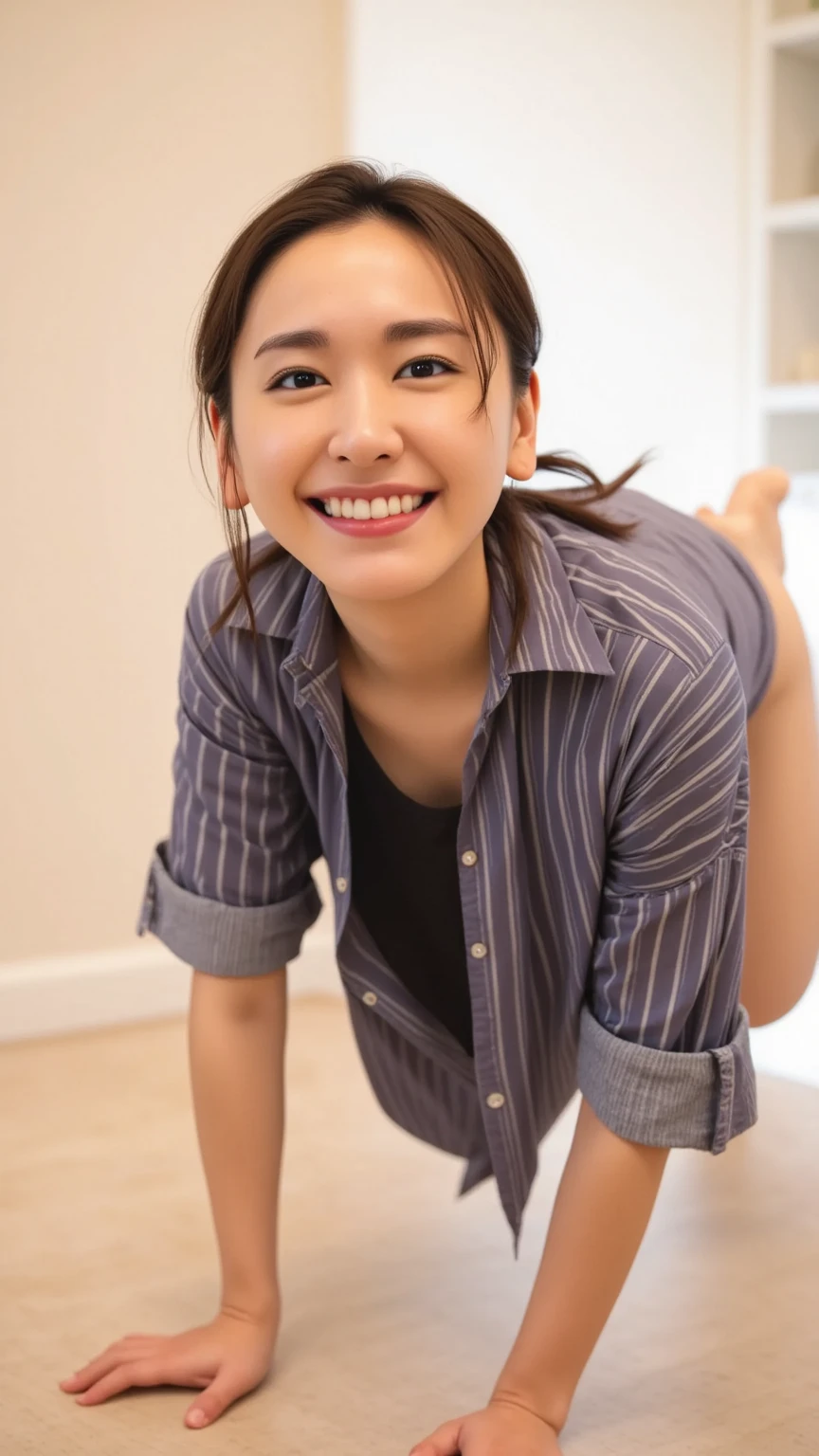 Low angle shooting, on all fours:1.22, lean forward, loose open shirt - SeaArt AI