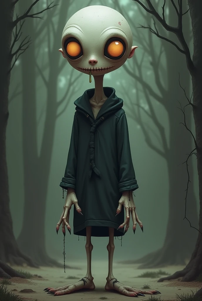 A cartoonish horror character, tall and thin, with long arms and legs ...