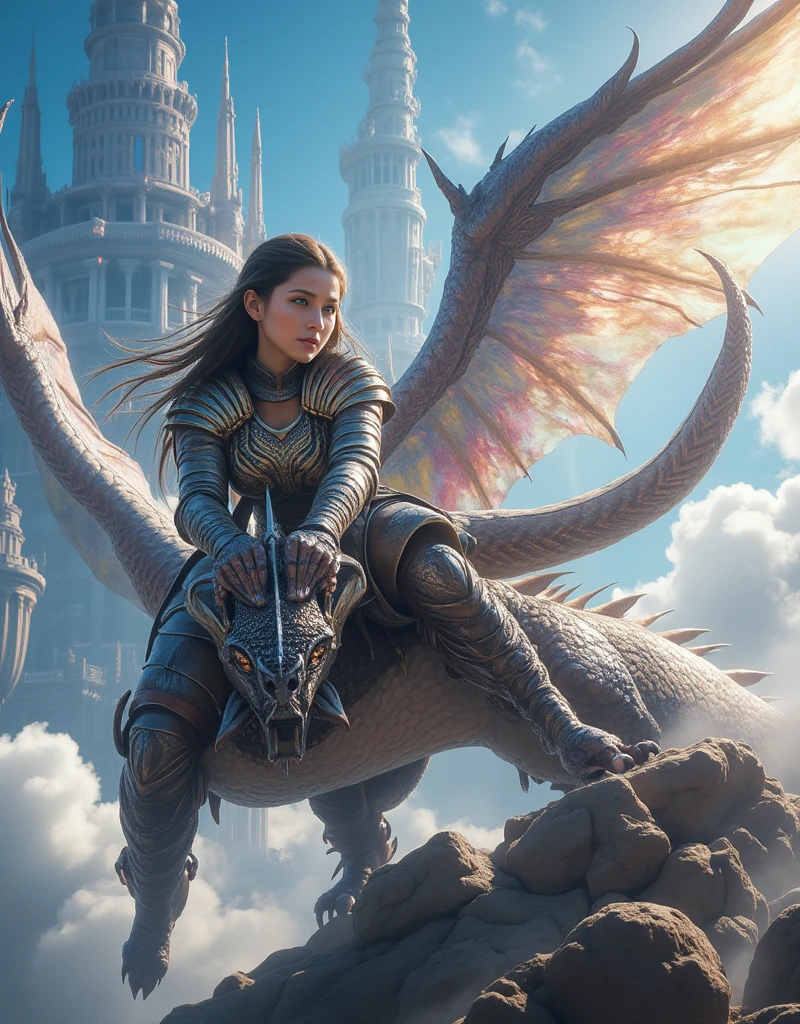Female warrior riding a flying dragon、背景に天空の巨大Floating都市、Magical ...